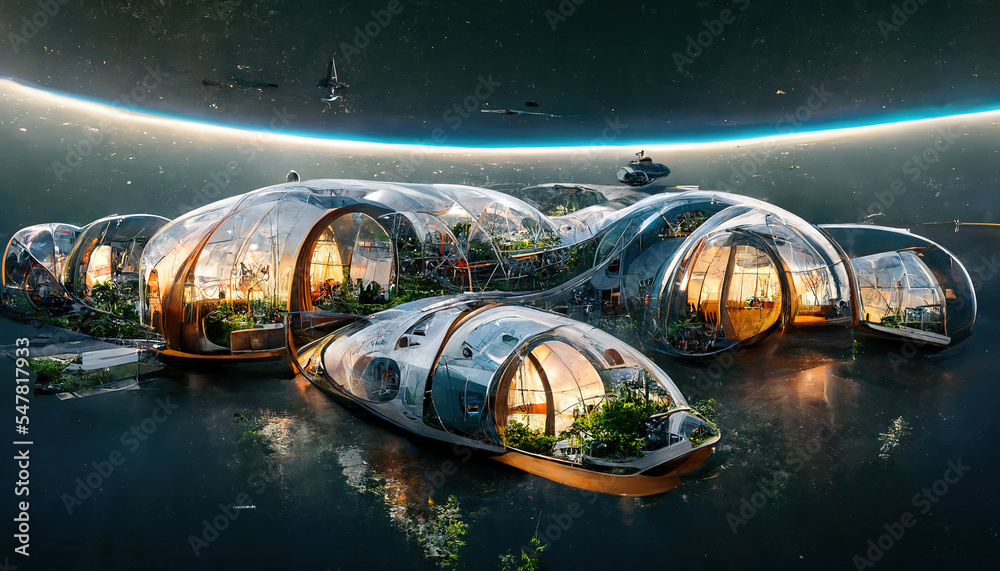 Space expansion concept of human settlement in alien world with green ...