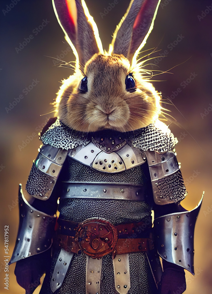 Spectacular battle-ready rabbit knight in medieval portrait. Digital ...