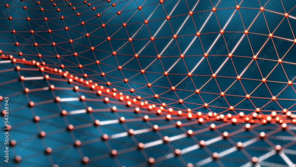 Red atom structure on aero space background under spot light ...