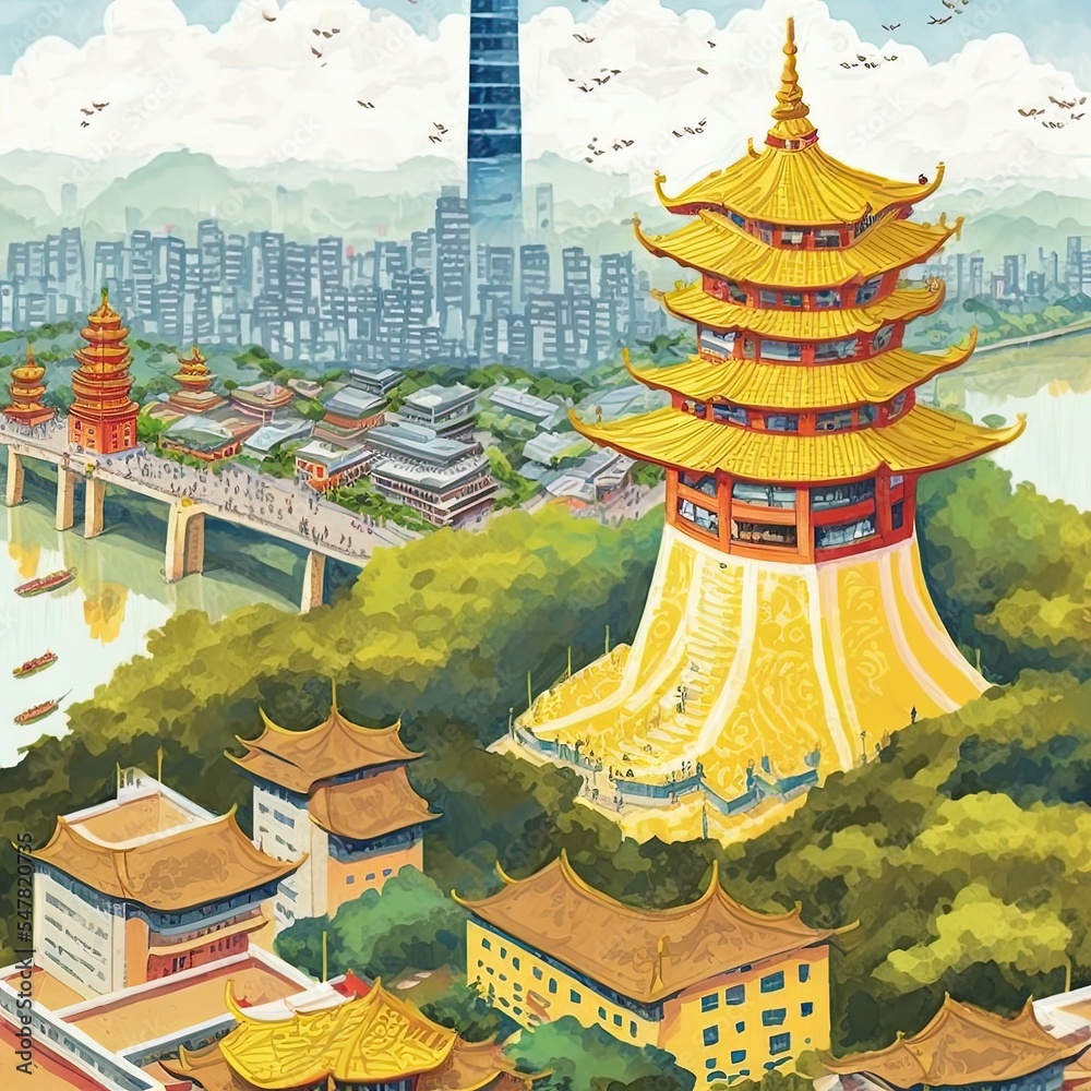 Aerial view of Wuhan city .The yellow crane tower , located on snake ...