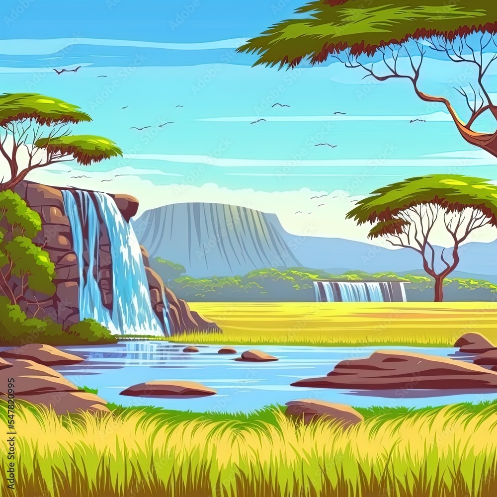 African savannah with river, waterfall, acacia trees and mountains on ...