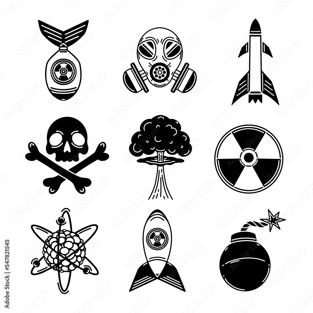 War vector icon set. Armed conflict symbols - nuclear bomb, atomic ...