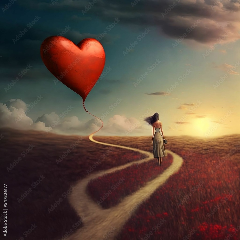 Heart Balloon Split Path with Woman Walking Away | Love Path Breakup ...
