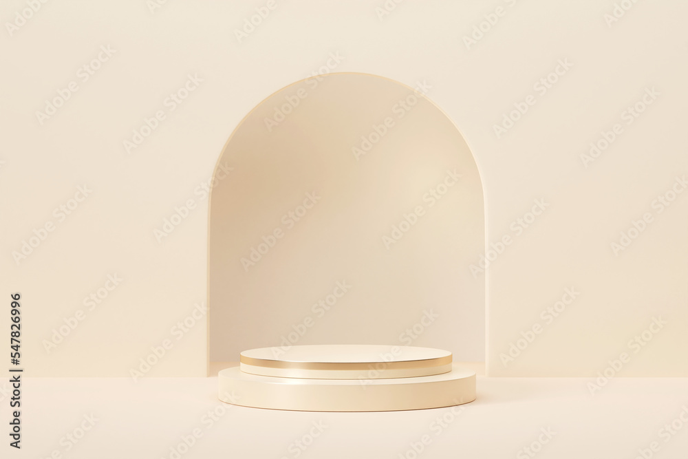 3D rendering beige and gold product display stand with on light beige ...