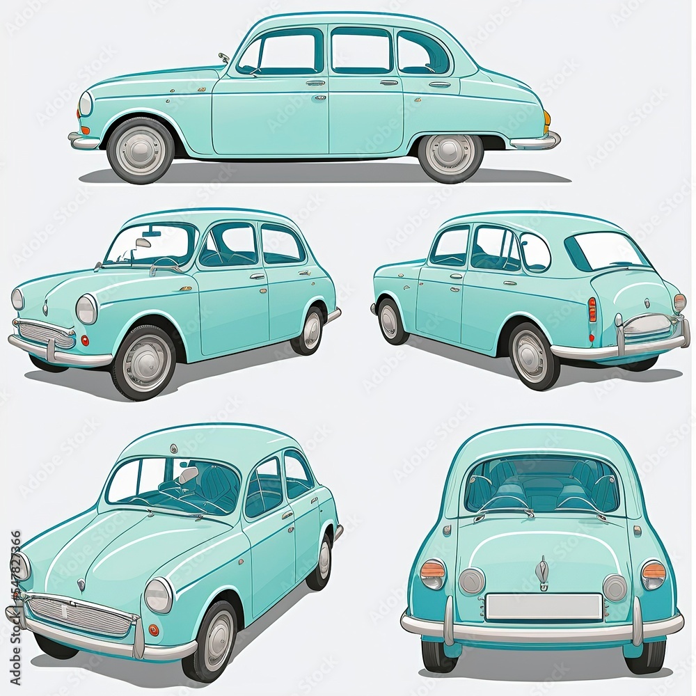 cartoon light blue car from the back, front and side view. Stock ...