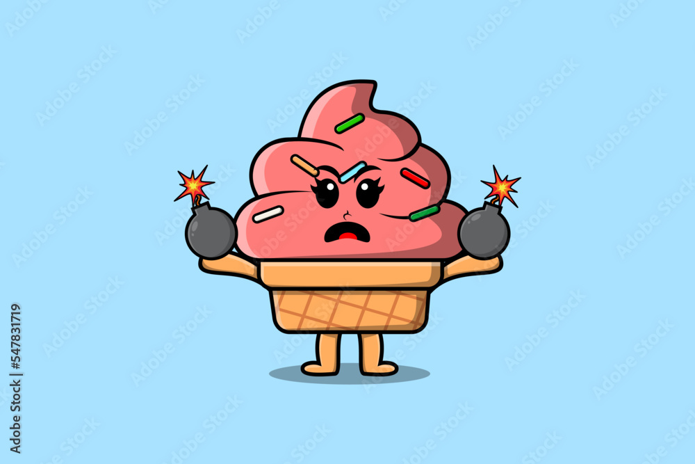 Cute cartoon Ice cream holding bomb with scared expression in flat ...