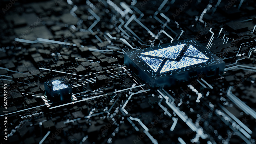 Email Technology Concept with Envelope symbol on a Microchip. White ...