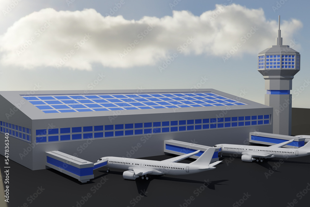 3D illustration of an airport with planes, air traffic control towers ...