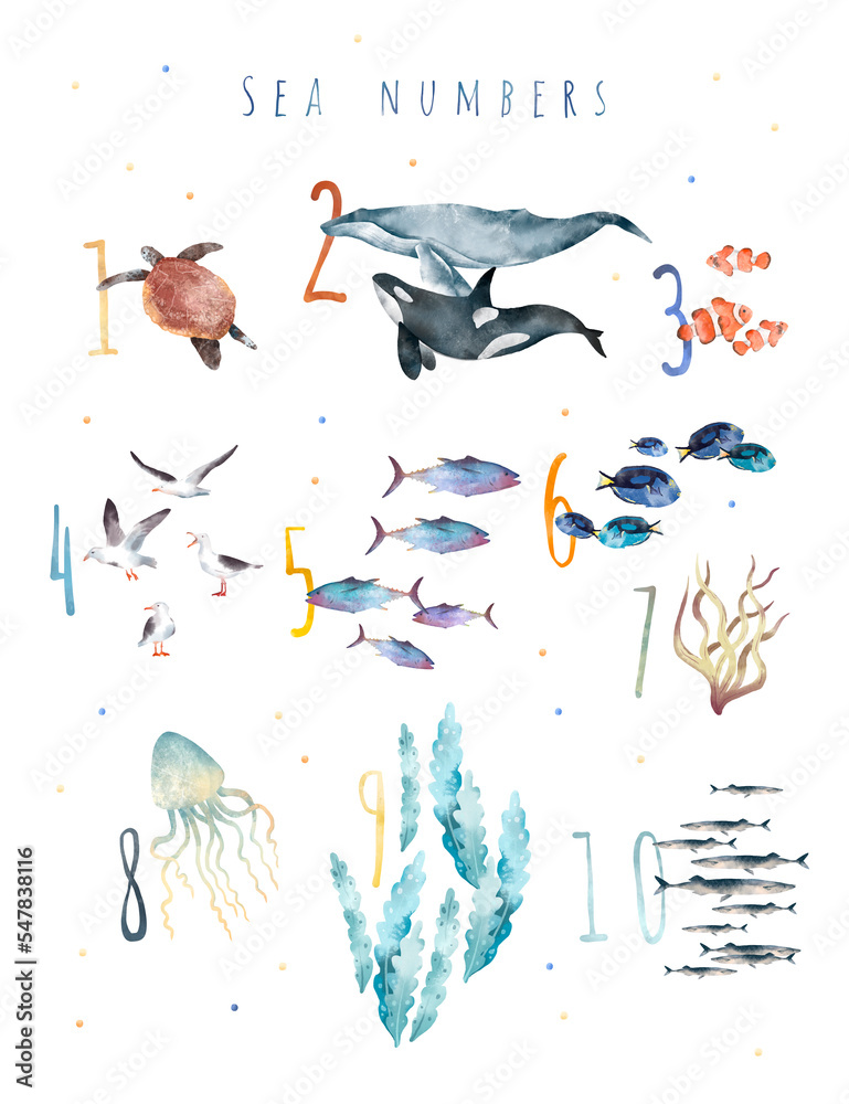 ภาพประกอบสต็อก Watercolor hand drawn number poster, colorful ...