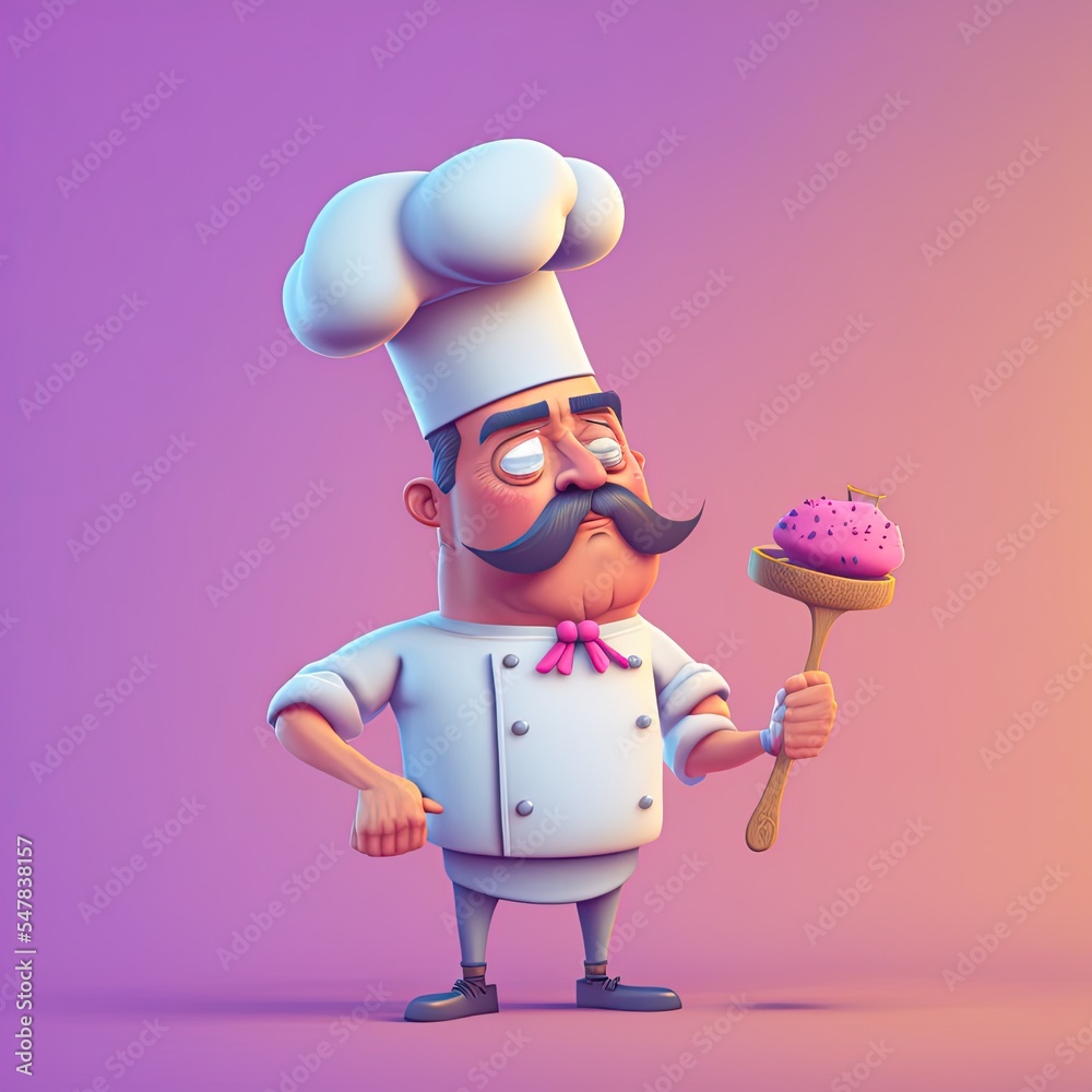 Illustration of a colorful 3D character dressed as a chef presentating ...