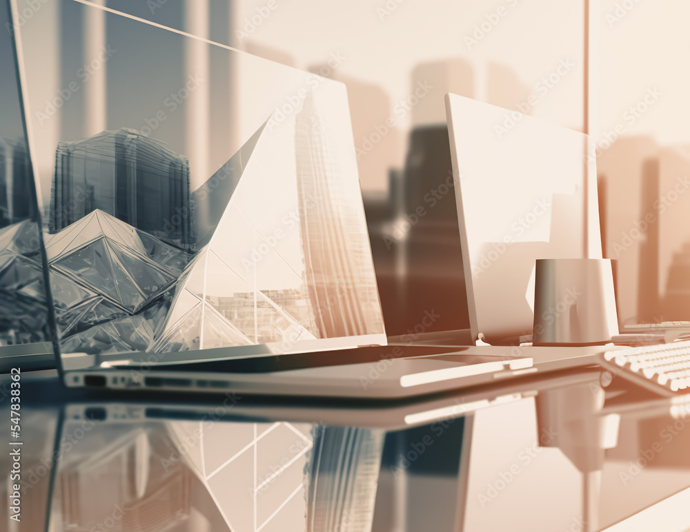 Modern workspace with laptop and reflection. Modern glass building ...