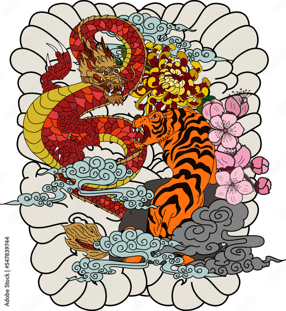Dragon fighting with tiger tattoo.Dragon and tiger on cloud and red ...