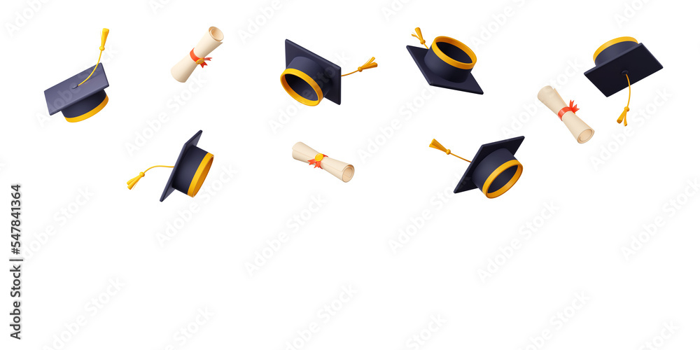 3D illustration of academic caps with golden tassels and diploma ...