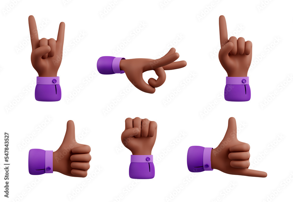 3d render black hand gestures, slit, thumb up, hang or call on mobile ...