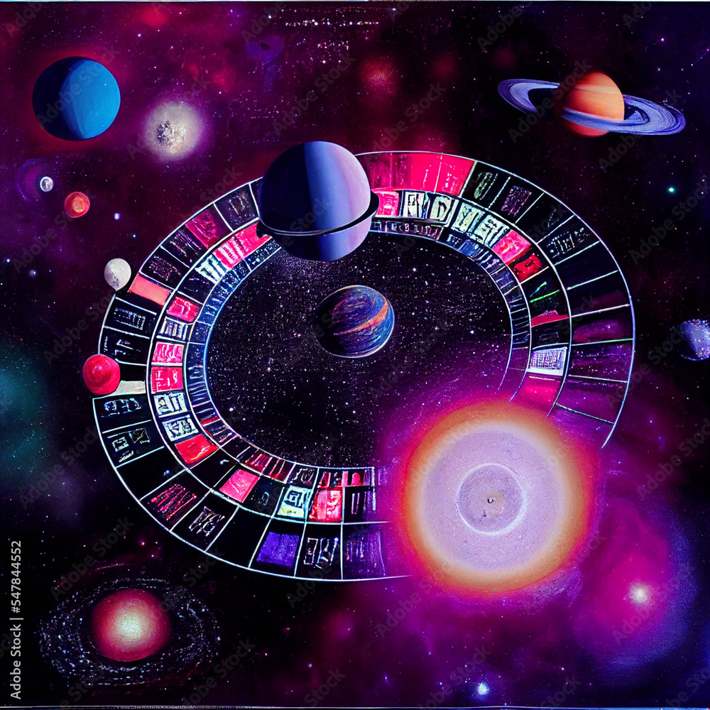Roulette table as a galaxy out in space, planets orbit nearby and ...