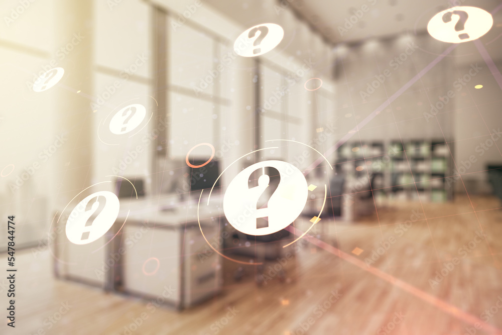 Abstract virtual question mark sketch on a modern furnished office ...