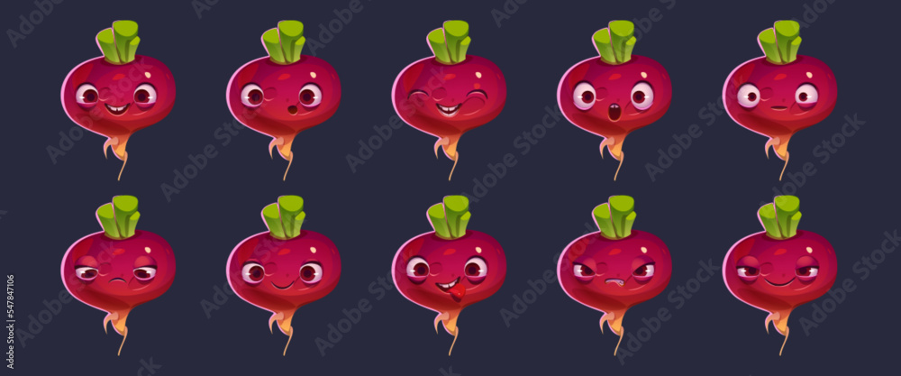 Cute beetroot character face emoji set. Cartoon beet vegetable comic ...
