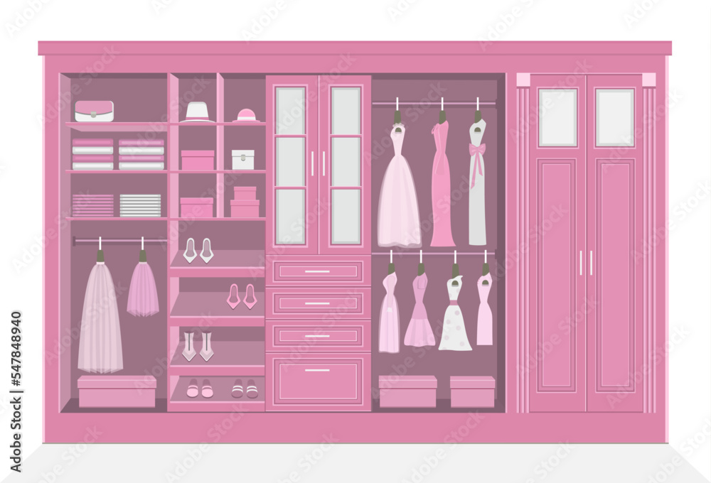 Elegant pink bedroom wardrobe closet storage with interior organizers shoe racks and hanging ...