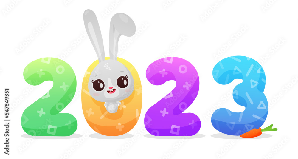 Cute cartoon gray bunny, rabbit, with colored numbers 2023 isolated on ...