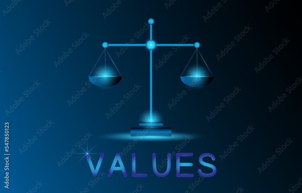 Futuristic values concept. The scales glowing symbol and text ...