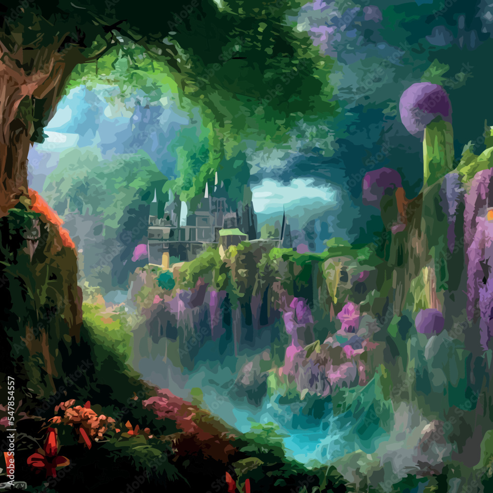 Fantasy Castle in an enchanted garden, Fairy tale landscape, magnificent scenery. Original ...