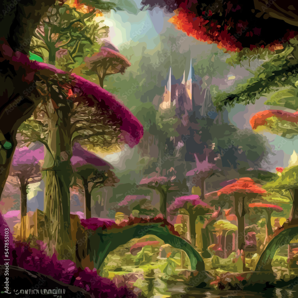 Vecteur Stock Fantasy Castle in an enchanted garden, Fairy tale landscape, magnificent scenery ...