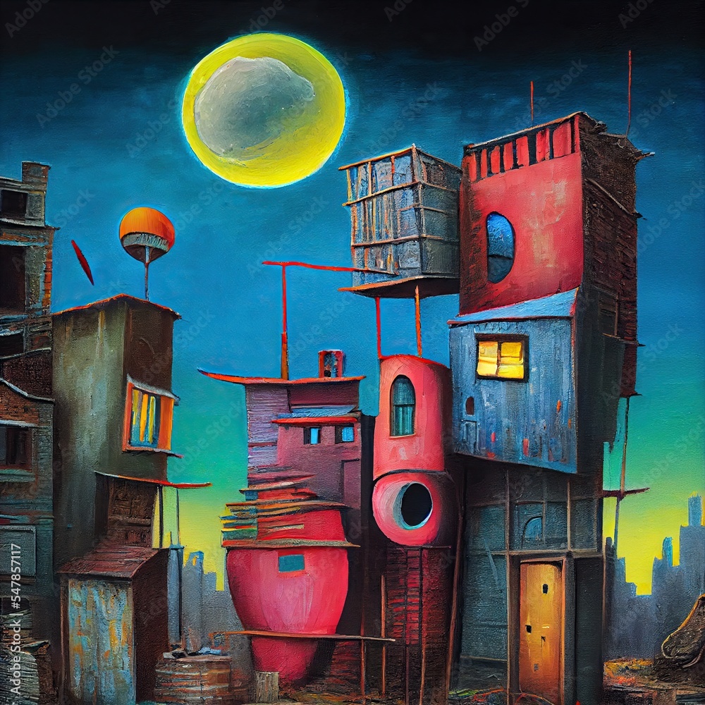 Colorful and vibrant shantytown at midnight full moon. Overpopulated ...