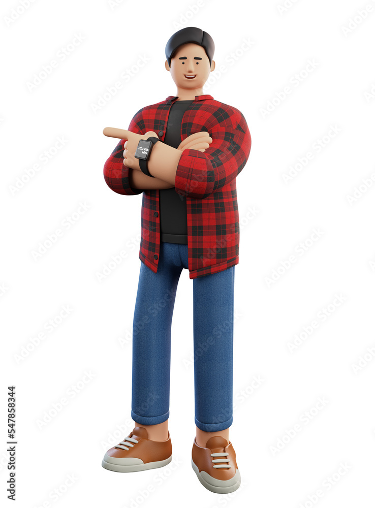 3D render illustration. Cartoon character of a young man wearing a red ...