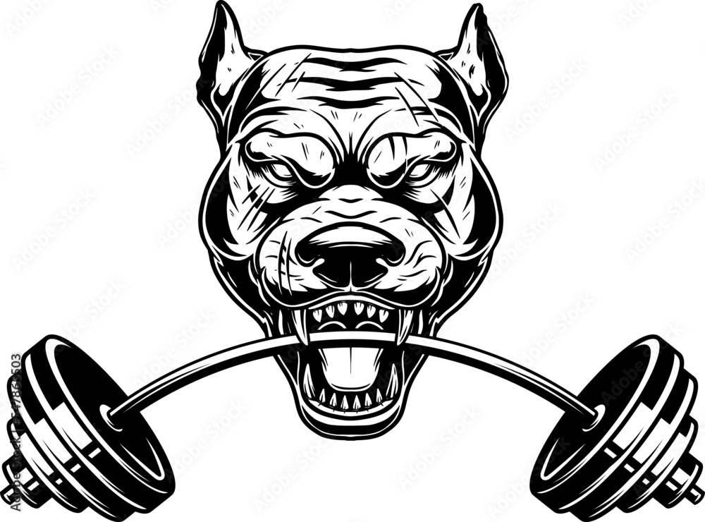 Angry dog head with gym barbell in teeth. Design element for logo, sign ...