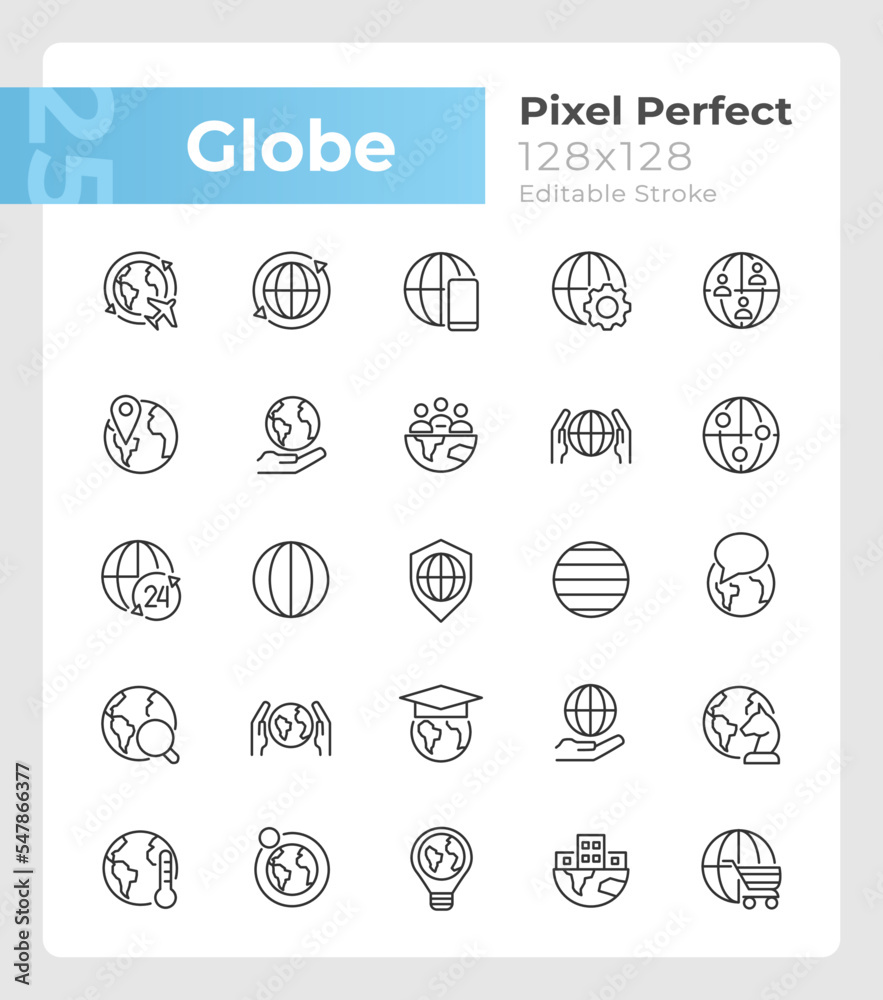 Globe pixel perfect linear icons set. World map. Planet friendly. Customizable thin line symbols ...