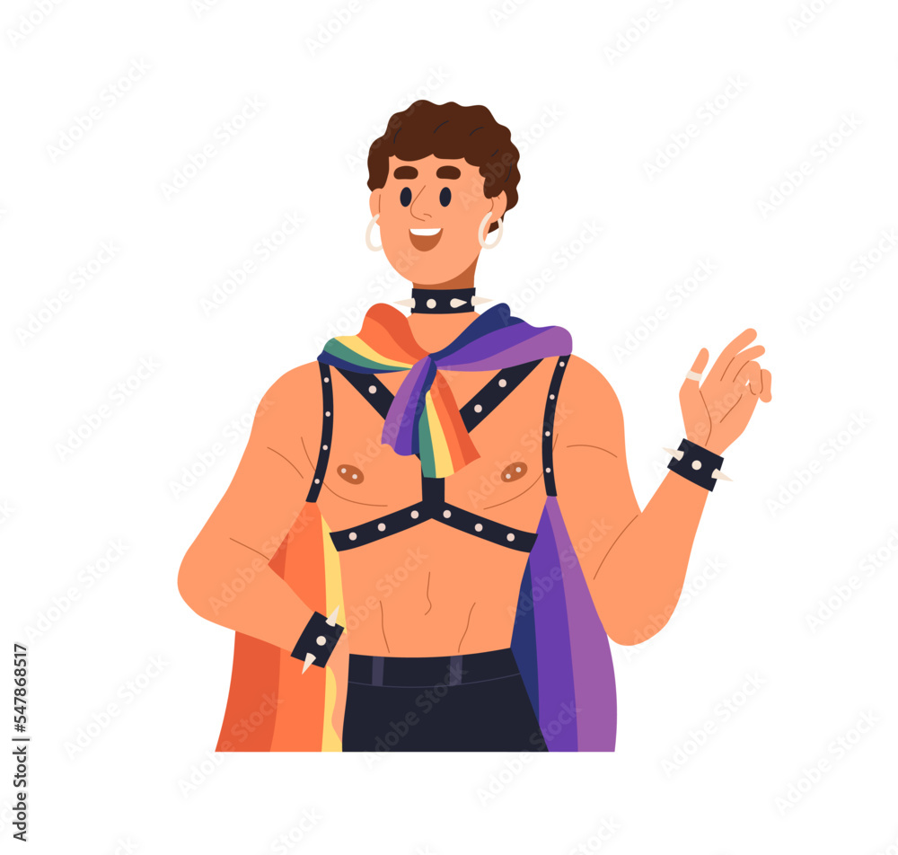 Homosexual Man Gay In Tied Rainbow Flag And Bdsm Leather Straps Harness On Naked Torso Happy
