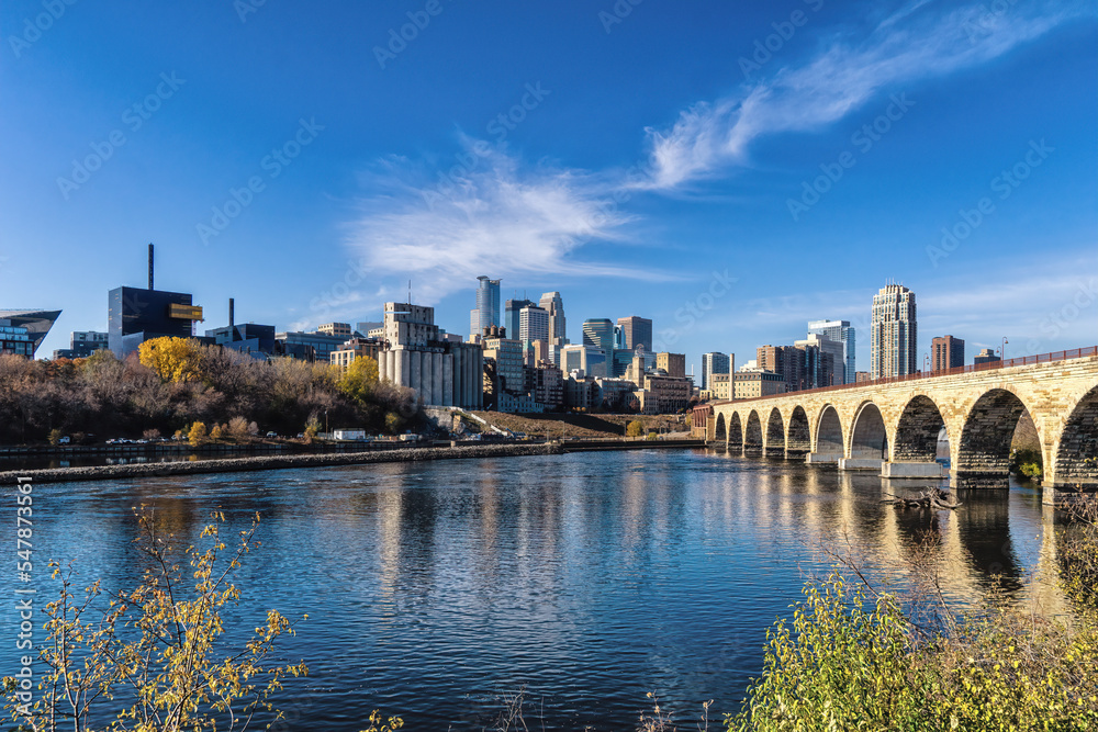 Downtown Minneapolis, Minnesota as seen from the famous stone arch ...