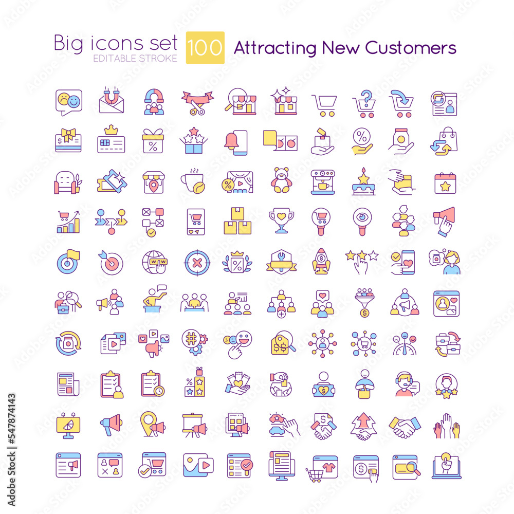 Attracting new customers RGB color big icons set. Marketing strategy to find clients. Isolated ...