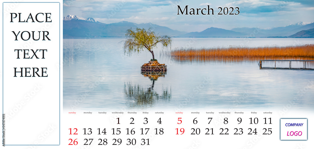 March 2023. Desktop monthly calendar template with place logo and ...