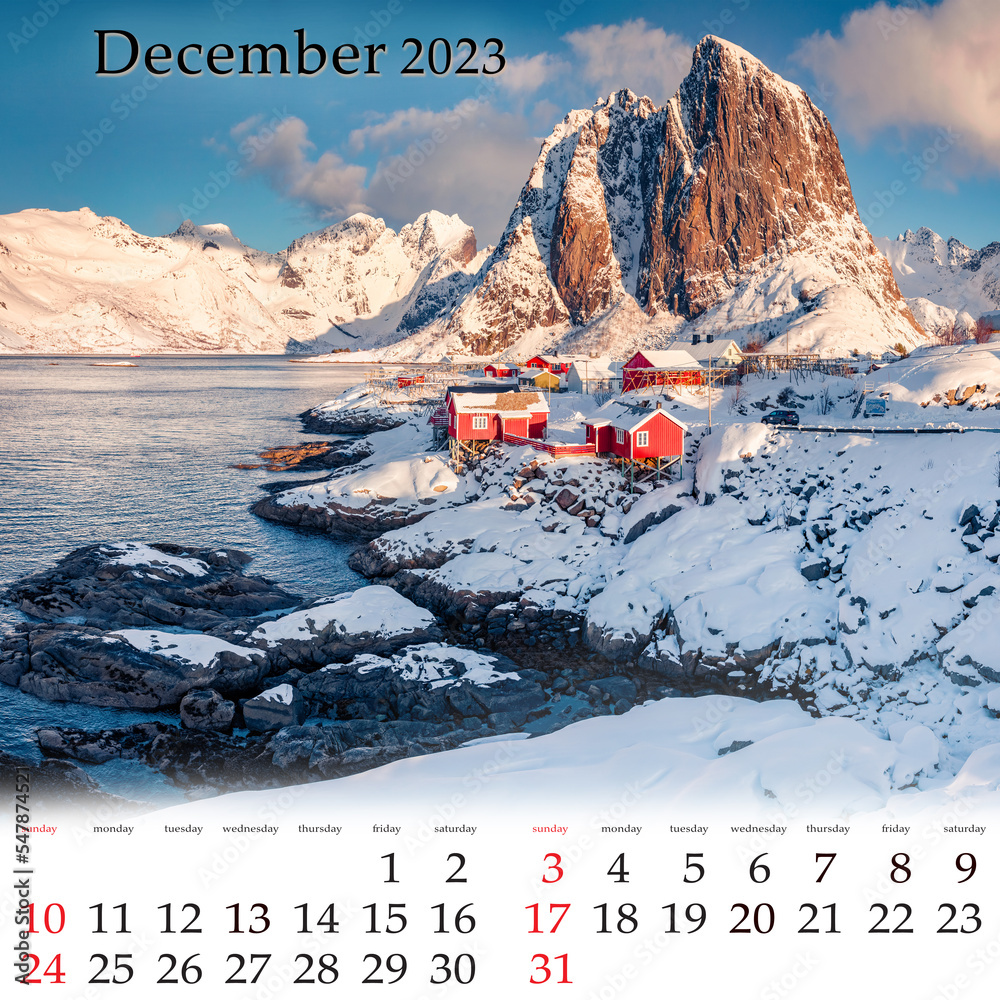 Square wall monthly calendar ready for print, December 2023. Set of ...