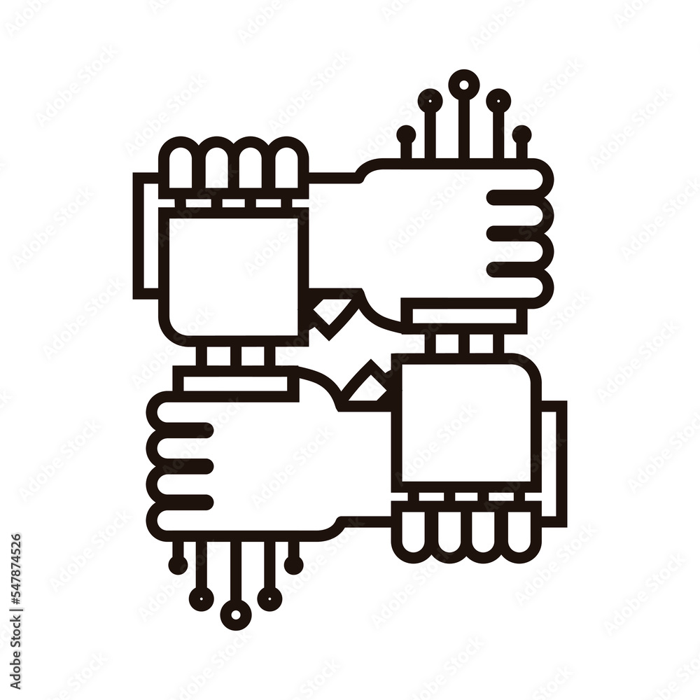 Human and robot hands together as one. Vector icon representing the ...