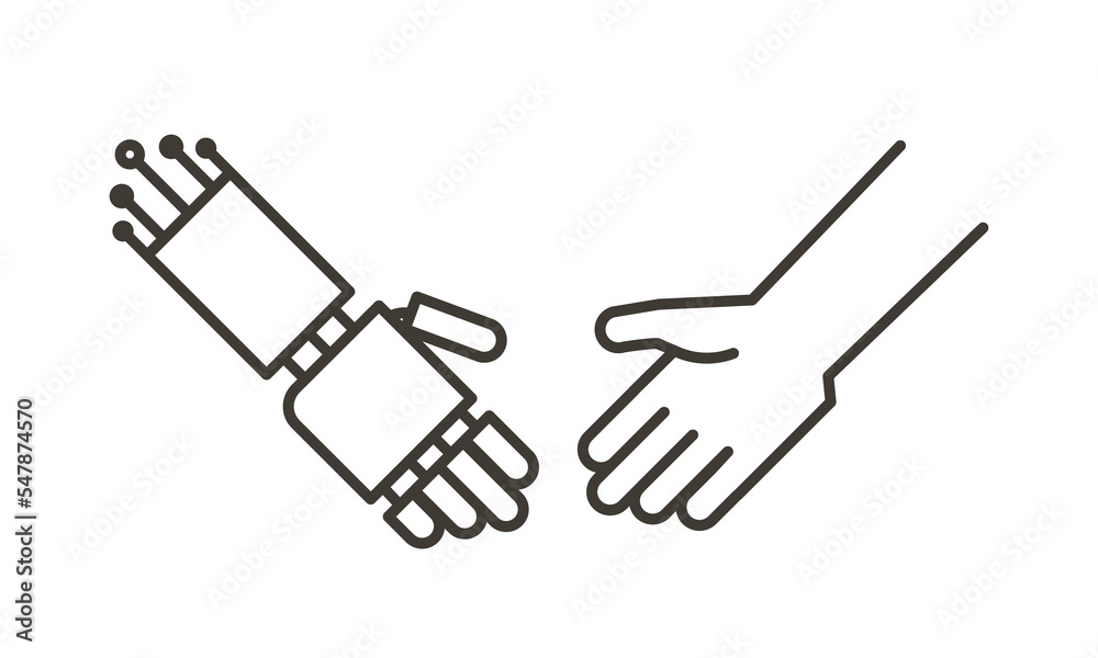 Human and robot hands together as one handshake. Vector icon ...