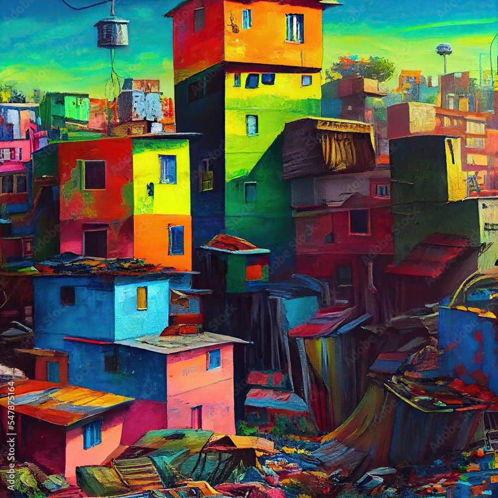 Colorful and vibrant yellow and orange shantytown at sunrise ...