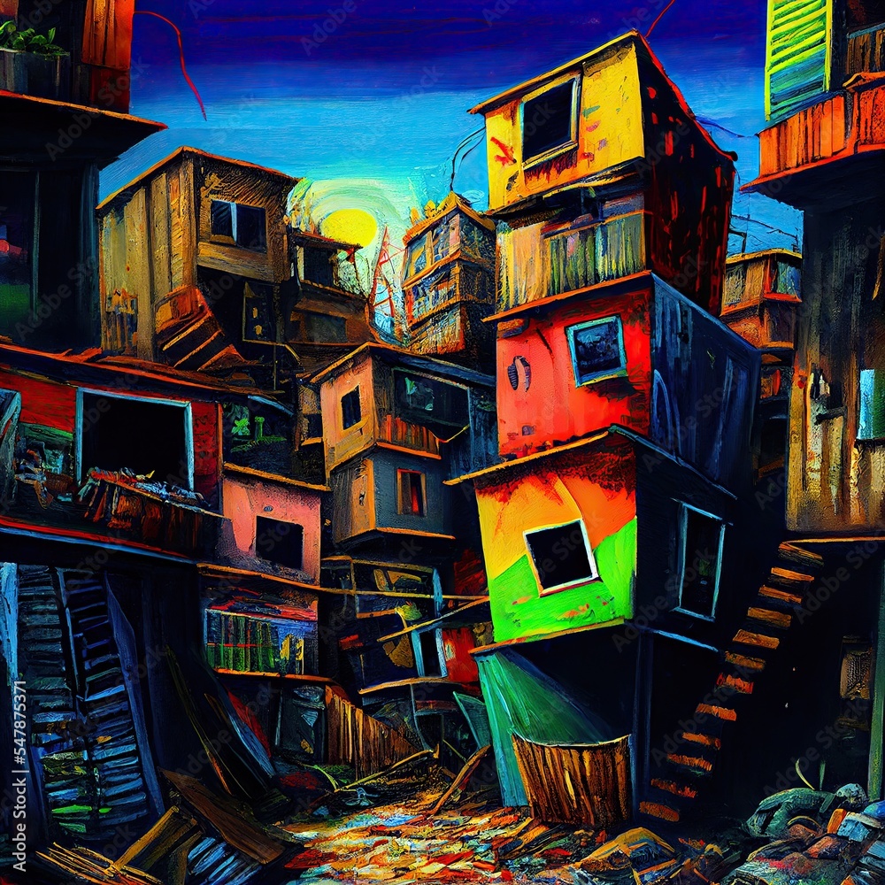 Colorful and vibrant yellow and orange shantytown at sunrise ...