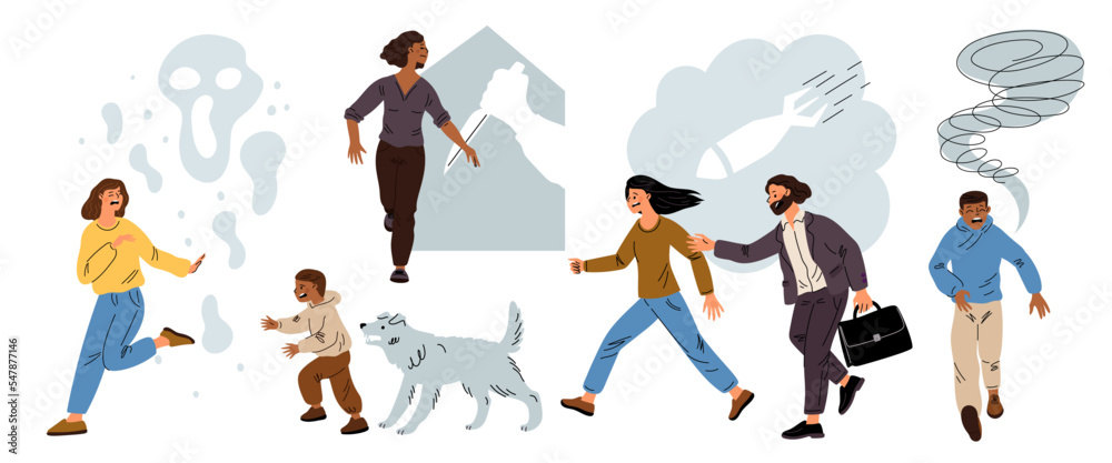 Afraid people running. Frightened citizens. Men escaping from danger ...