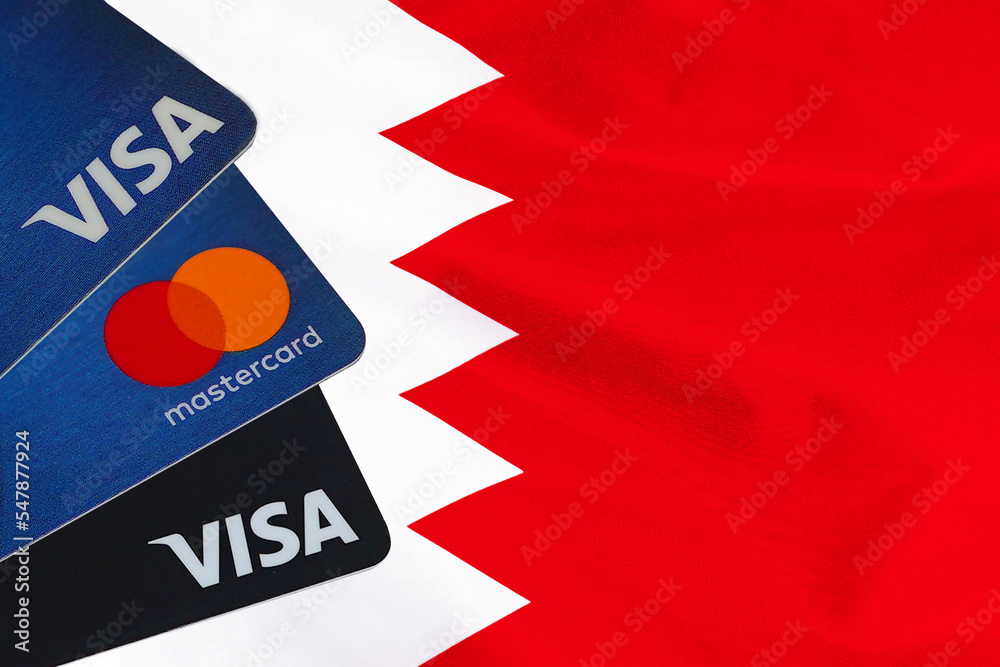 Bahrain flag and Visa Card, Mastercard, debit cards. 10 March 2022. Tel ...
