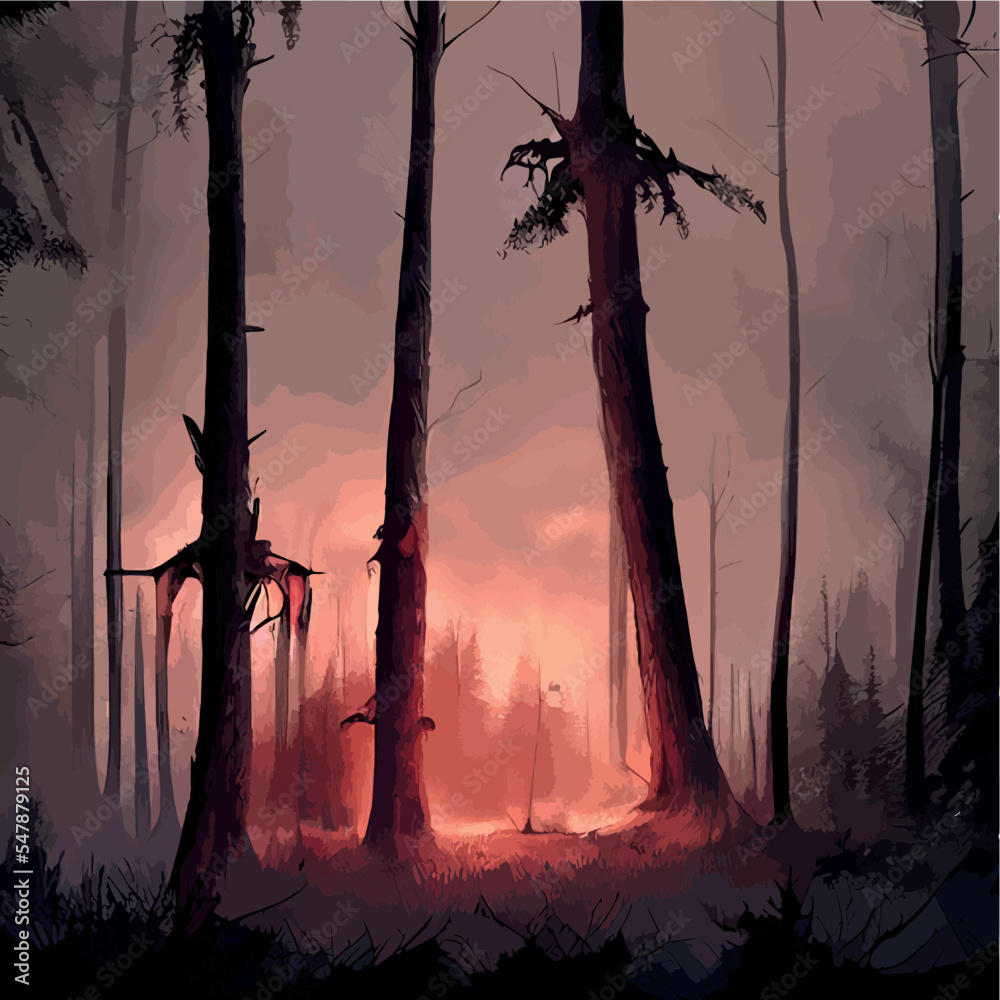 Vector cryptic illustration with house, forests with blue fog ...