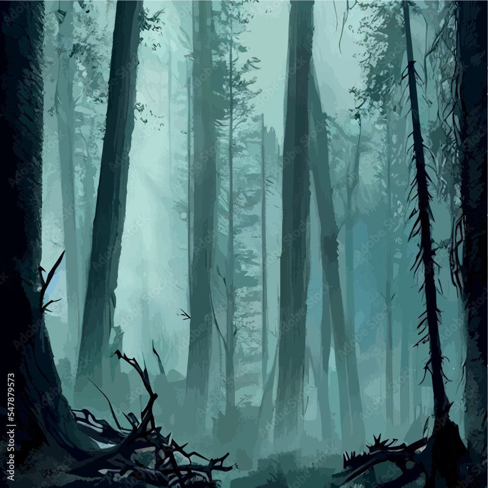 Vector cryptic illustration with house, forests with blue fog ...