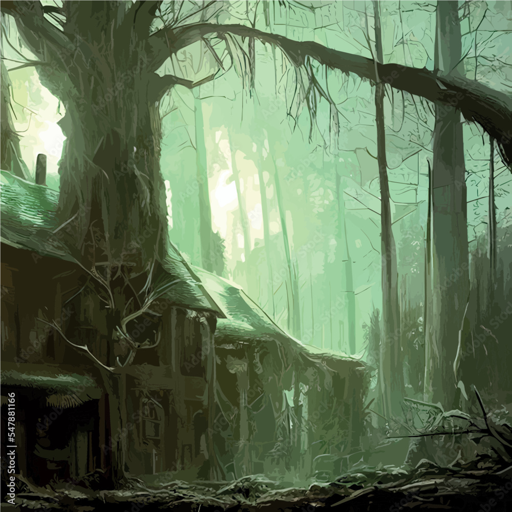 Vector cryptic illustration with house, forests with blue fog ...