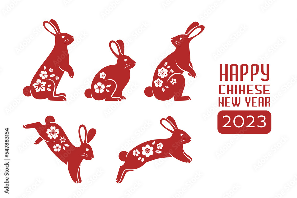 Chinese rabbits set. Chinese lunar new year animal with flowers ...