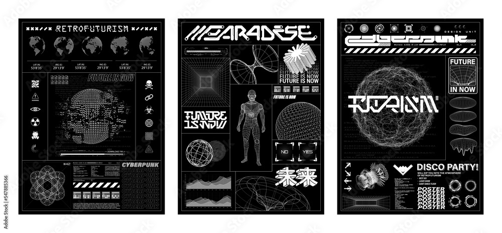 Retro futuristic posters set with 3D objects and science shapes and ...