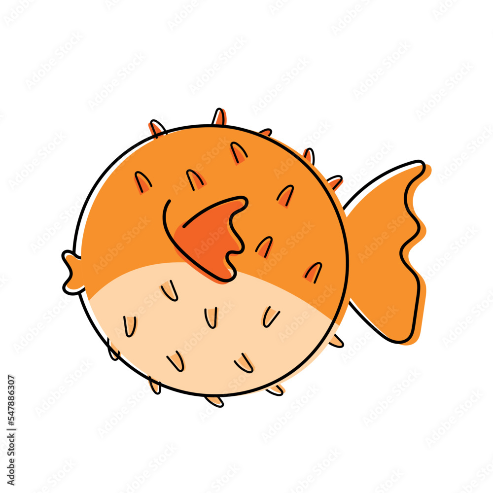 Cute Puffer Fish Animated Cartoon Vector with Black Line Stock Vector ...