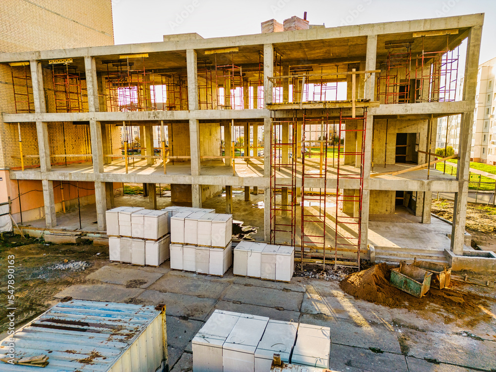 Construction of a monolithic reinforced concrete house. Close-up of a ...