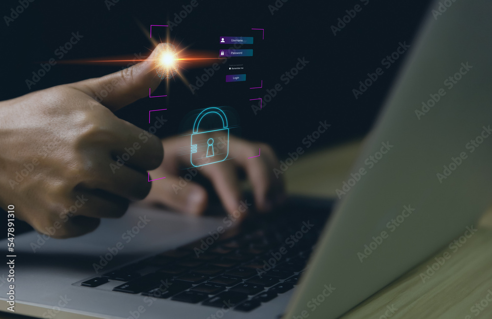 businessman's hand scans fingerprints through a virtual screen ...