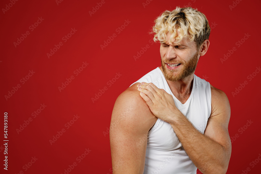 Young sad strong sporty toned sportsman man wears white clothes spend ...